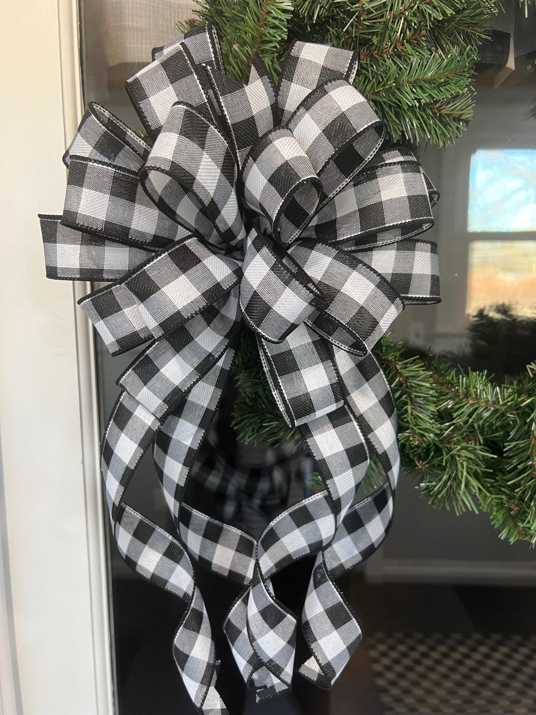 Black and White Buffalo Plaid Bow: Handmade Holiday Wreath Swag Decor ...