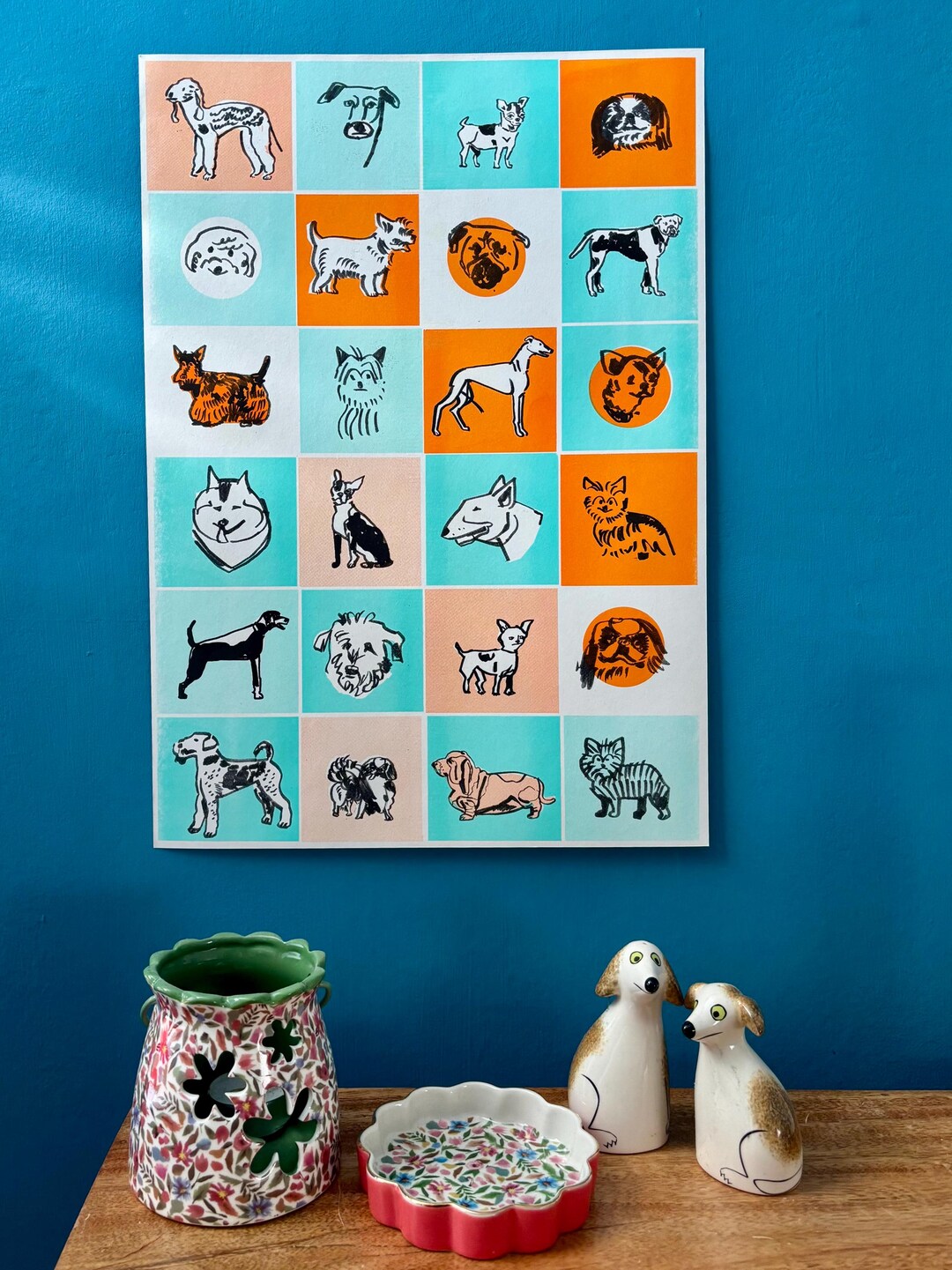 Dog A3 Risograph - 3 Colour Illustrated Print Checkerboard Patchwork - Etsy
