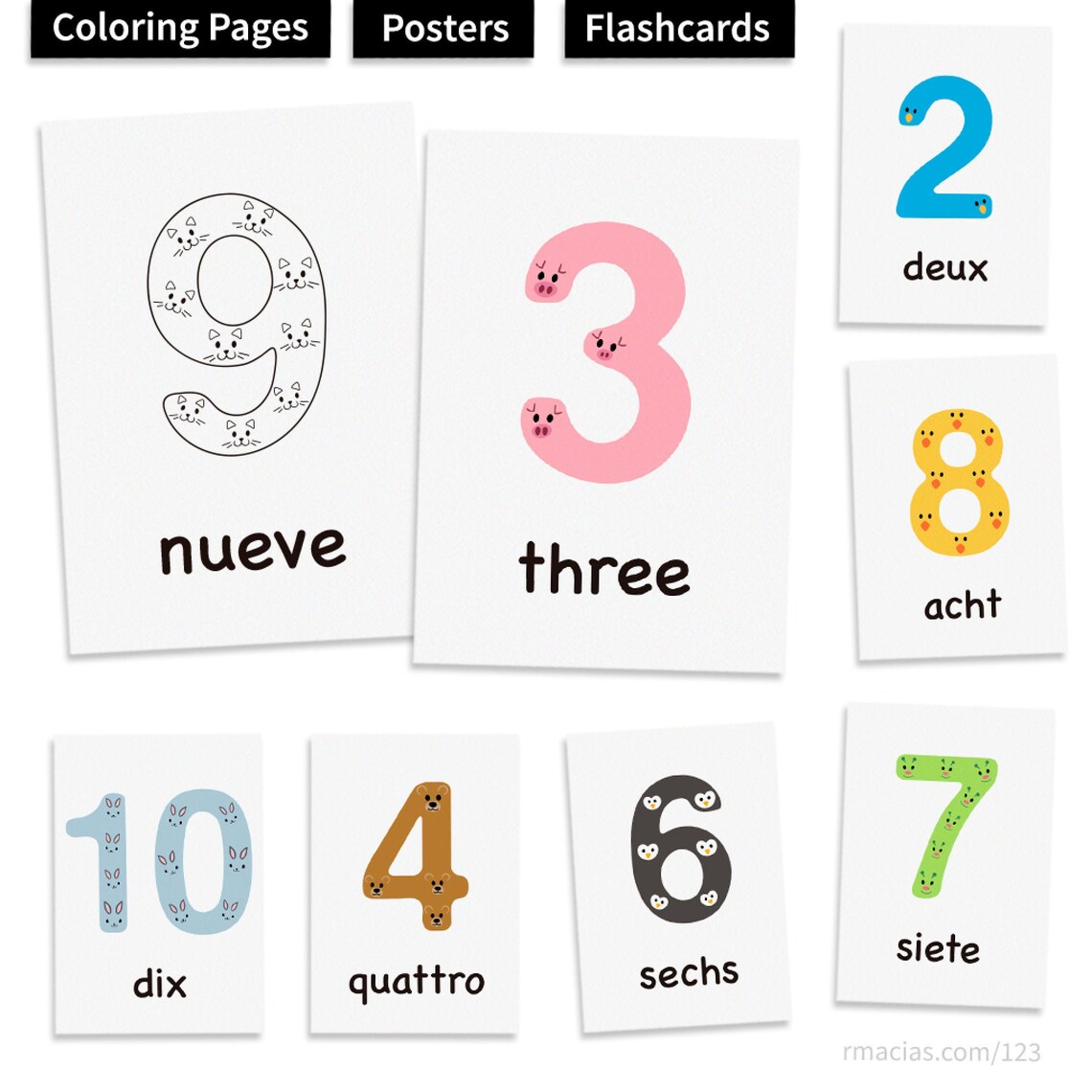 Animal Numbers in English, Spanish, Italian, French, Portuguese, German ...