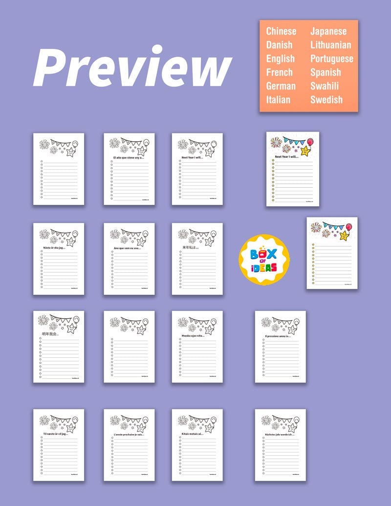 New Years Resolutions Writing Printable in English, Spanish and 10 More ...