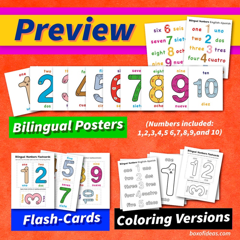 English-spanish Number Posters, Flash-cards and Coloring Pages ...