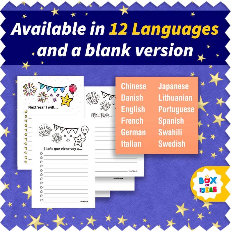 New Years Resolutions Writing Printable in English, Spanish and 10 More ...