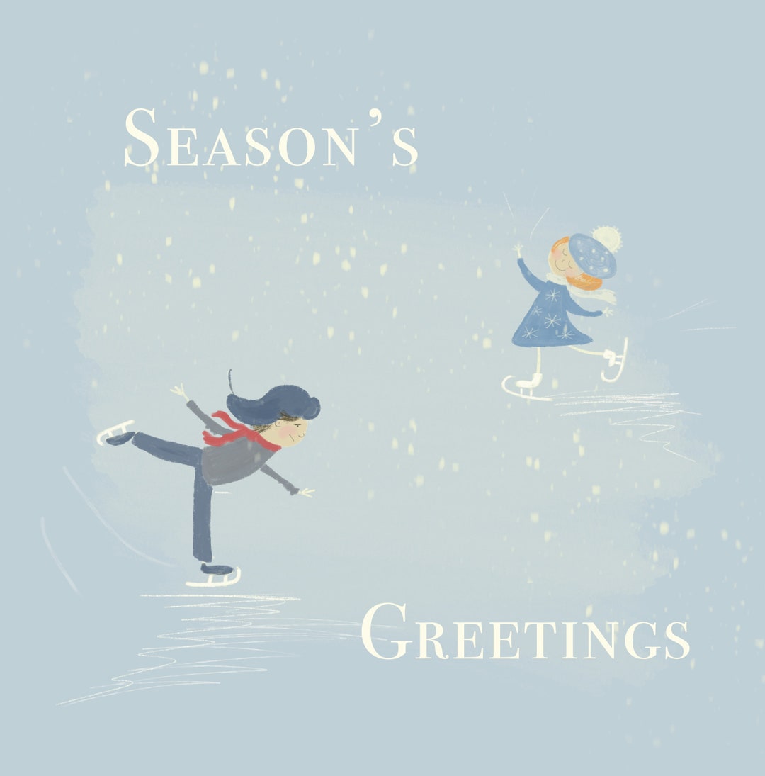 A Cute Seasons Greetings Christmas Image With Two Children Ice Skating ...