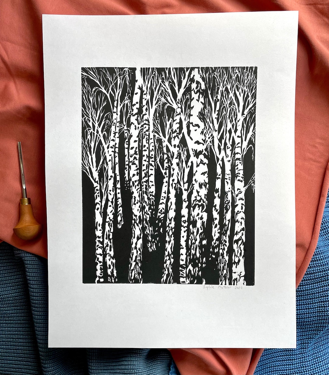 Birch Trees, Original Handmade Linoprint 28x38 Cm - Etsy