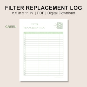 Filter Replacement Log Print | Air, HVAC, Pool | Different Colors ...