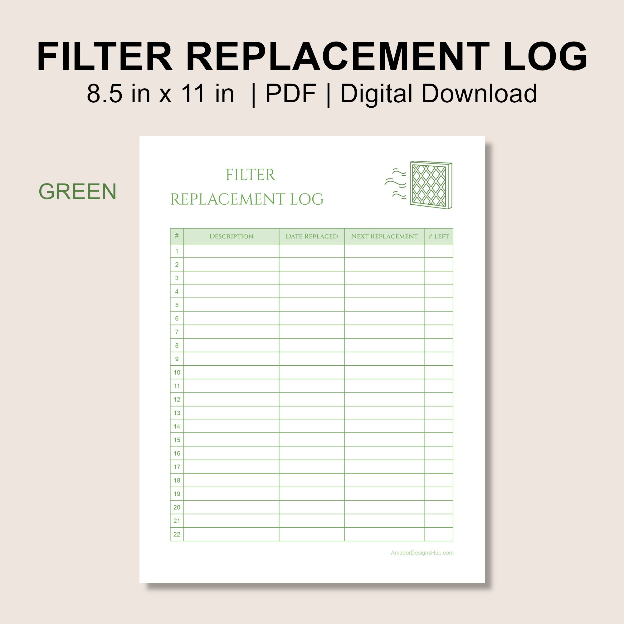 Filter Replacement Log Print | Air, HVAC, Pool | Different Colors ...