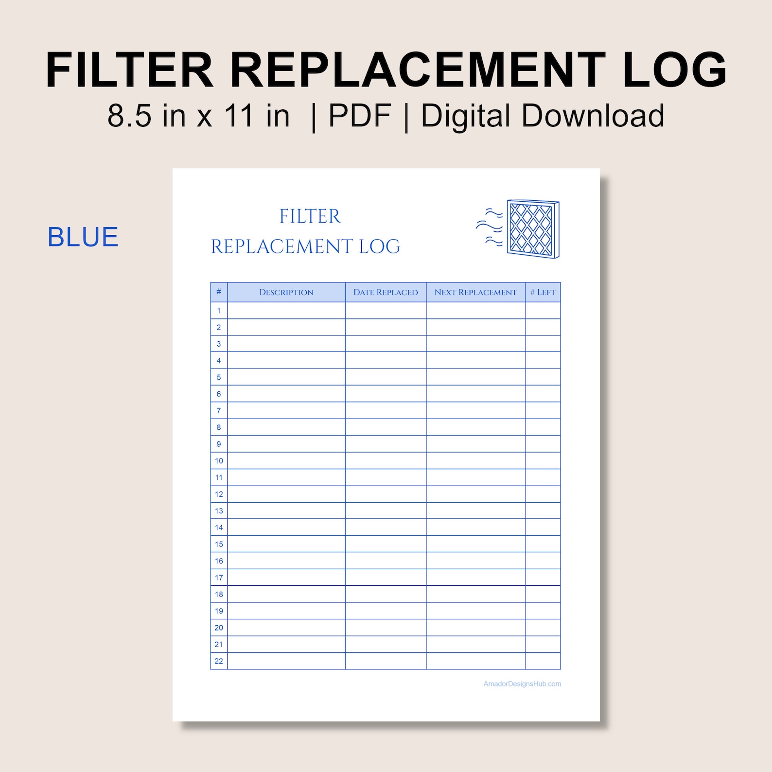 Filter Replacement Log Print | Air, HVAC, Pool | Different Colors ...