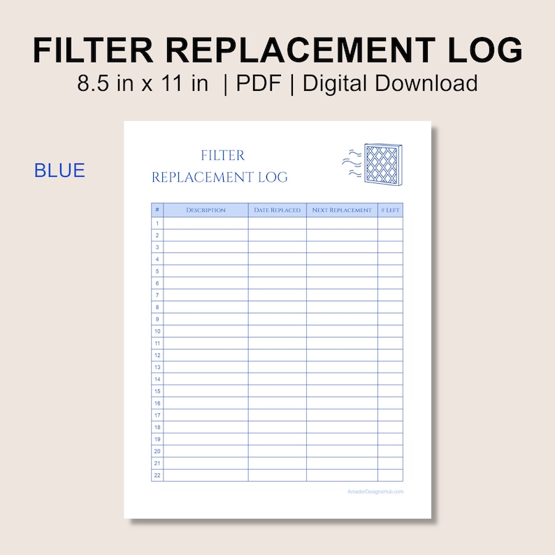 Filter Replacement Log Print | Air, HVAC, Pool | Different Colors ...