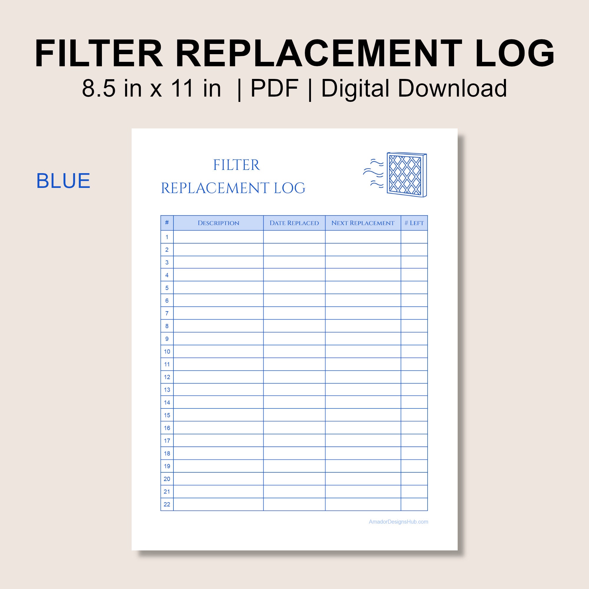Filter Replacement Log Print | Air, HVAC, Pool | Different Colors ...