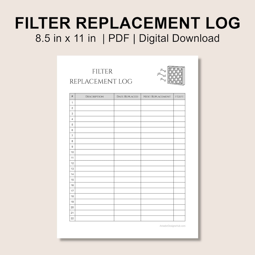 Filter Replacement Log Print | Air, HVAC, Pool | Different Colors ...