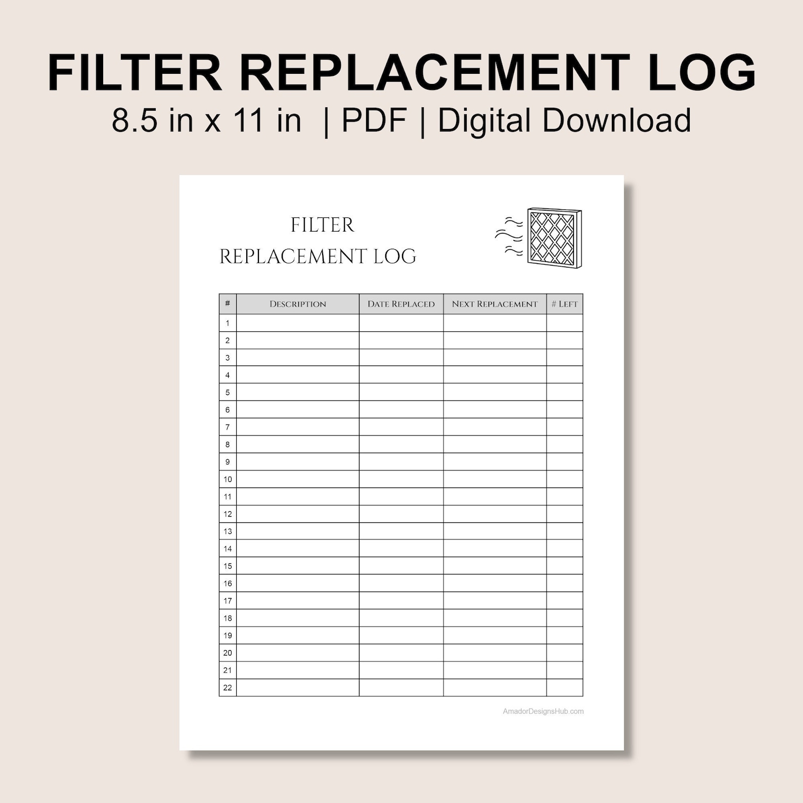 Filter Replacement Log Print | Air, HVAC, Pool | Different Colors ...