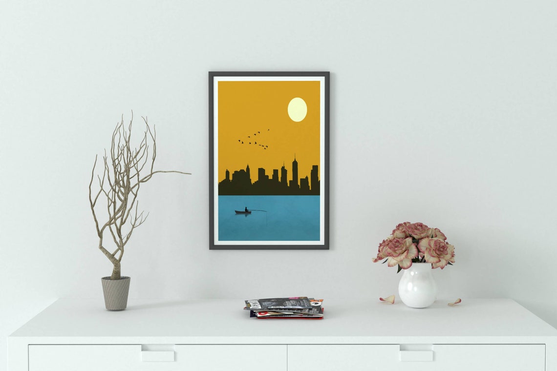 Coastal City Wall Art, Sea View Print, Sunset Art Print, Ocean ...