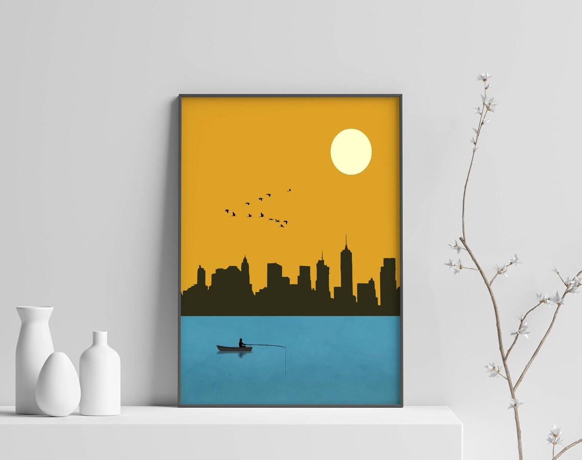 Coastal City Wall Art, Sea View Print, Sunset Art Print, Ocean ...