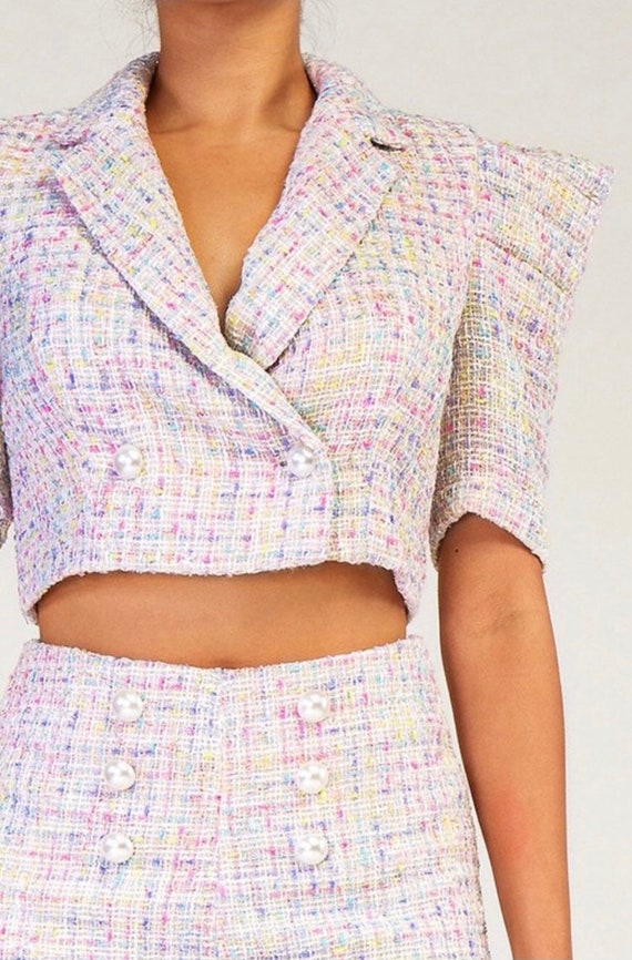 Boss Lady Multicolor Tweed Cropped Blazer Top - Gem