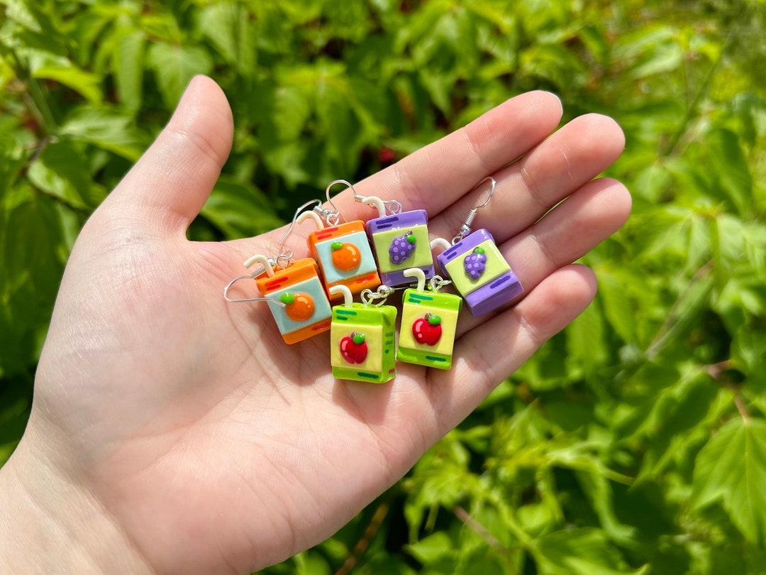Juice Box Handmade Polymer Clay Dangle Earrings - Apple, Orange, Grape ...