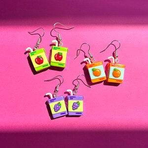 Juice Box Handmade Polymer Clay Dangle Earrings - Apple, Orange, Grape ...