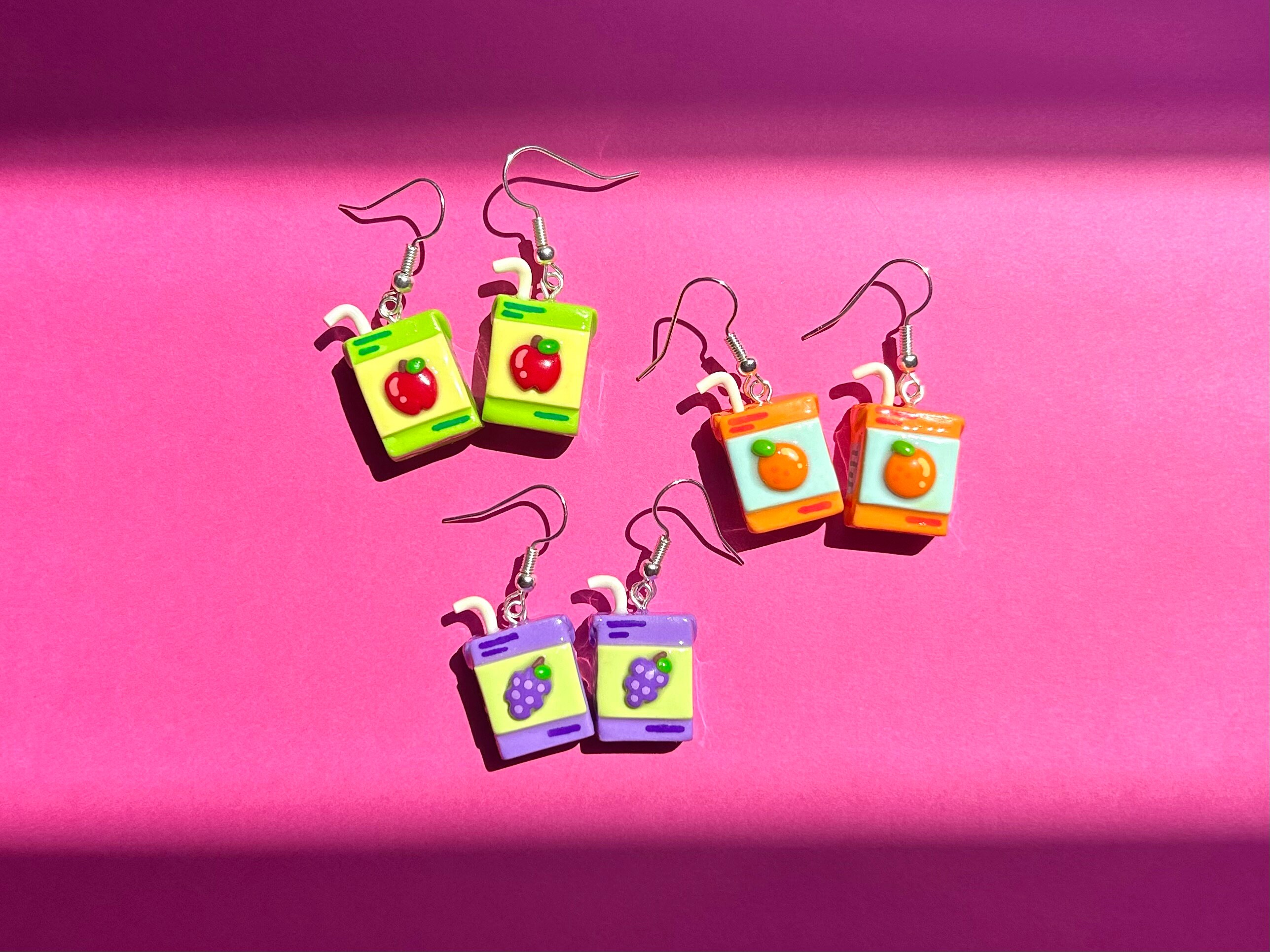 Juice Box Handmade Polymer Clay Dangle Earrings - Apple, Orange, Grape ...