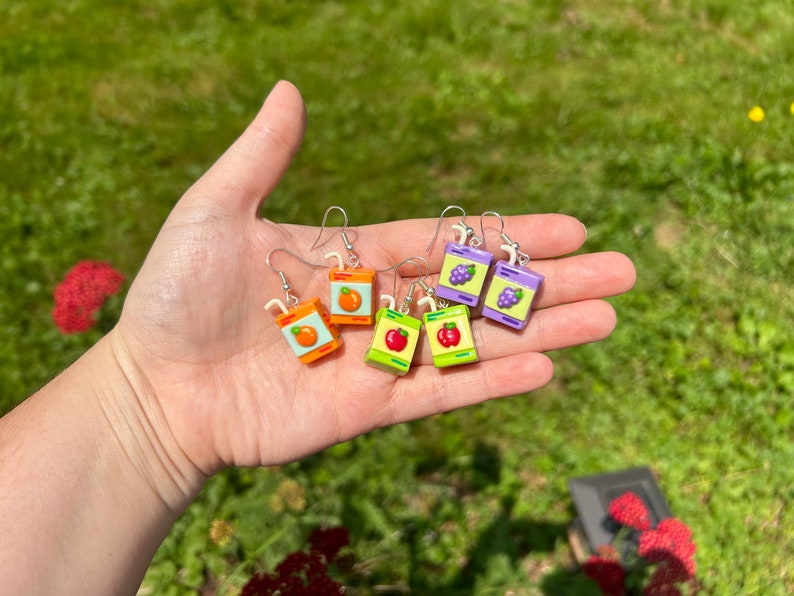 Juice Box Handmade Polymer Clay Dangle Earrings - Apple, Orange, Grape ...