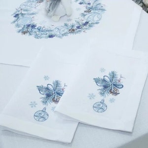Christmas Embroidered Napkins, Blue Winter Design, Christmas White ...
