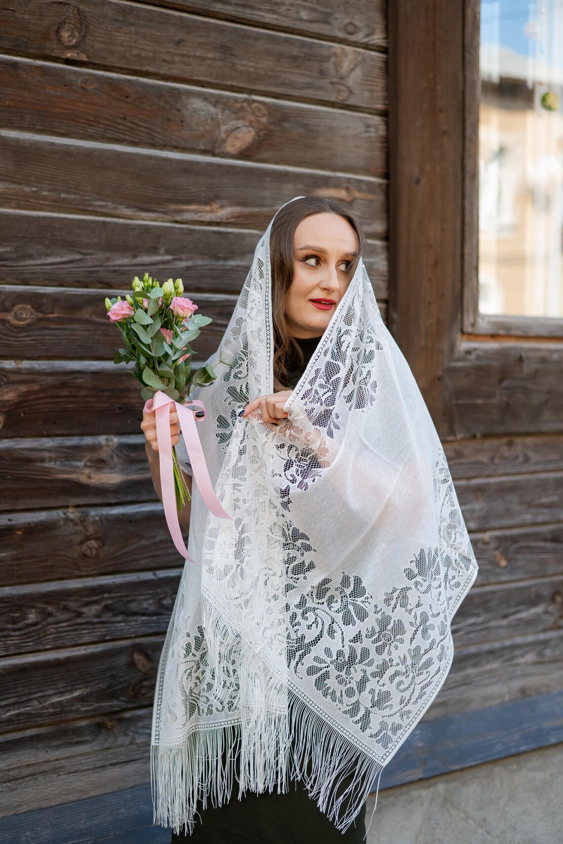 Elegant White Lace Shawl With Fringe, Lightweight Floral Patterned Wrap ...