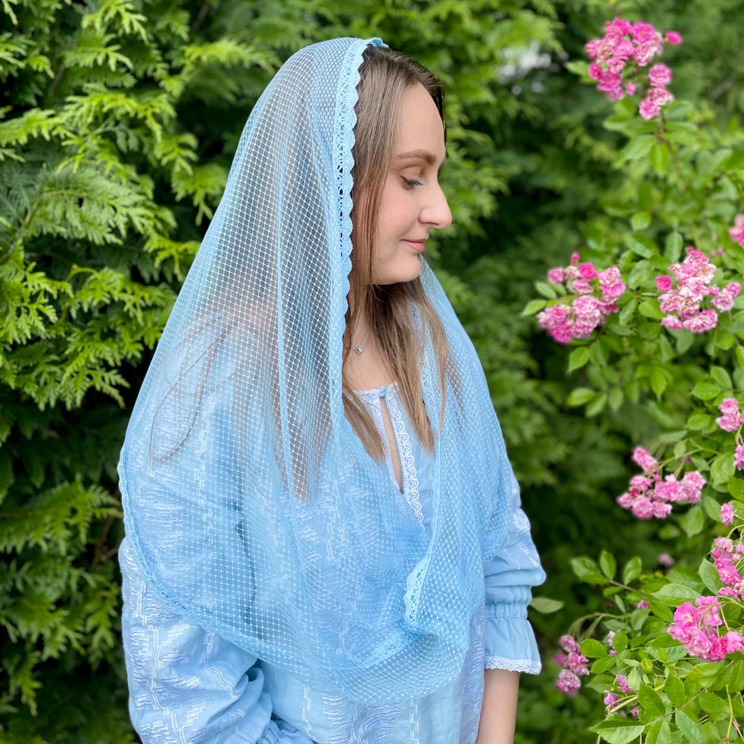 Light Blue Christian Veil With Lace Edge for Church, Modest Mesh Head ...
