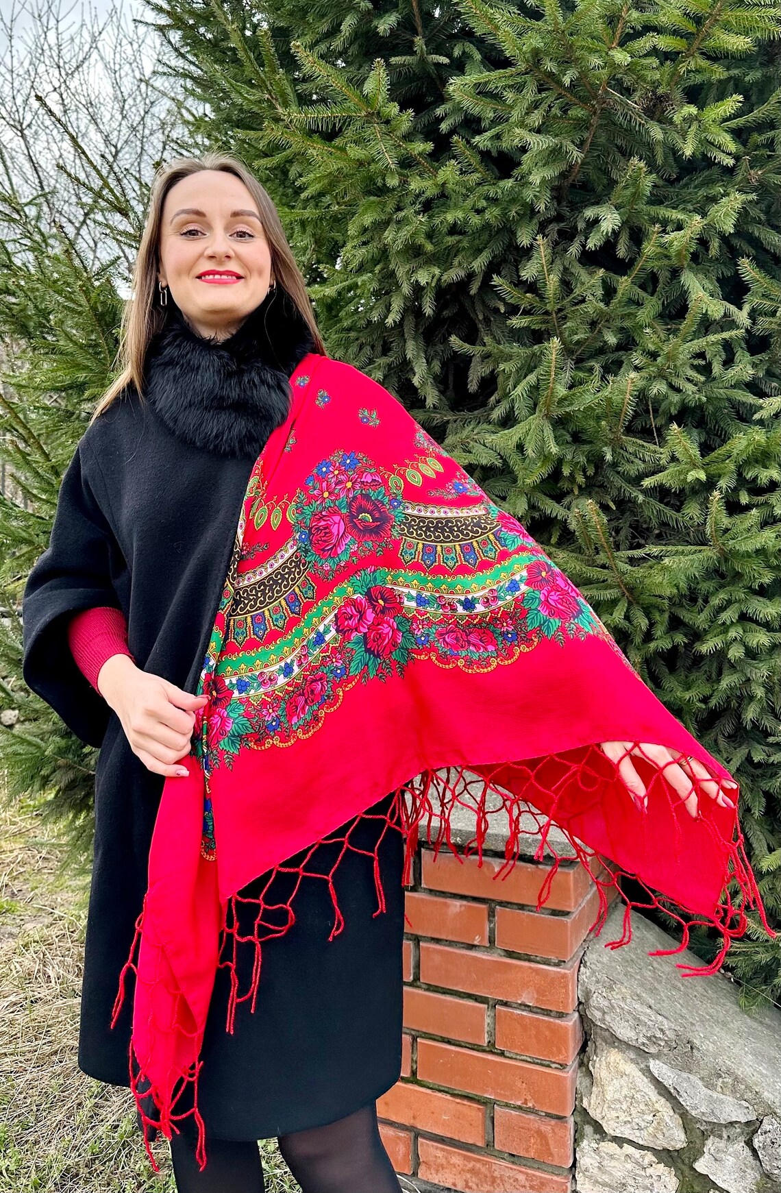 Red Wool Botanical Shawl, Large Shawl With Roses, Wool Wrap, Ukraine ...