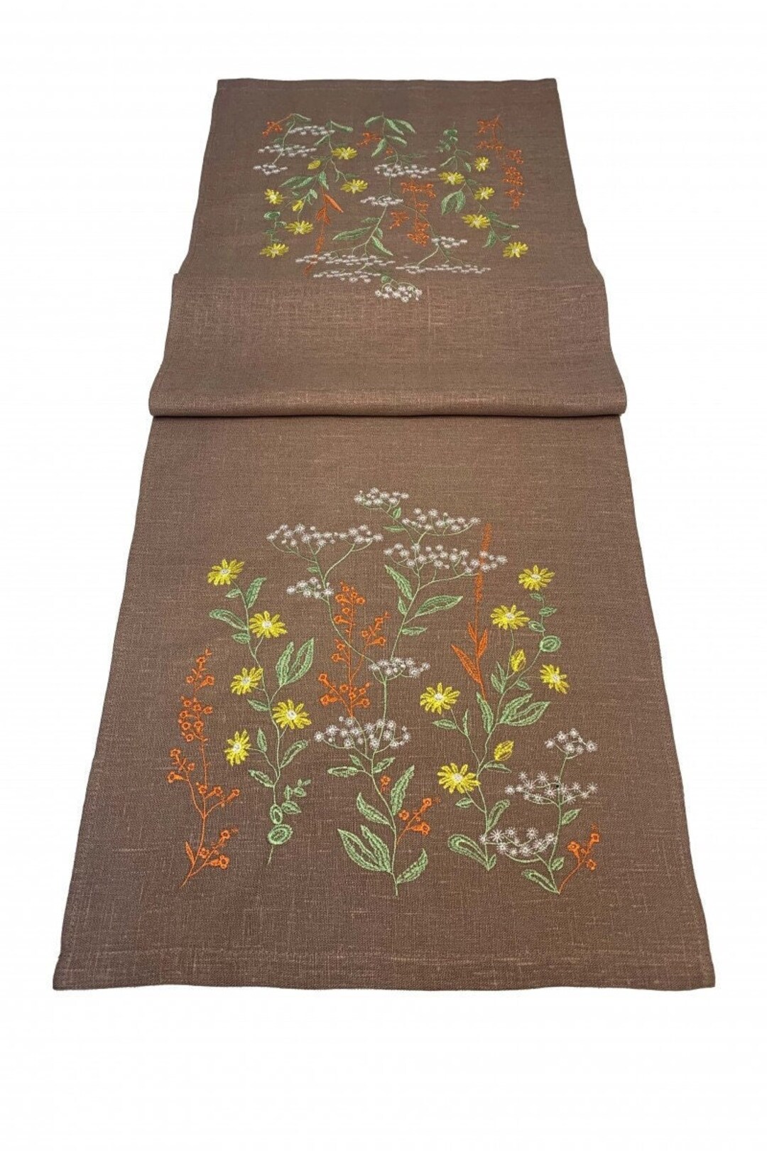 Botanical Brown Linen Table Runner, Wedding Table Runner, Retro Floral ...