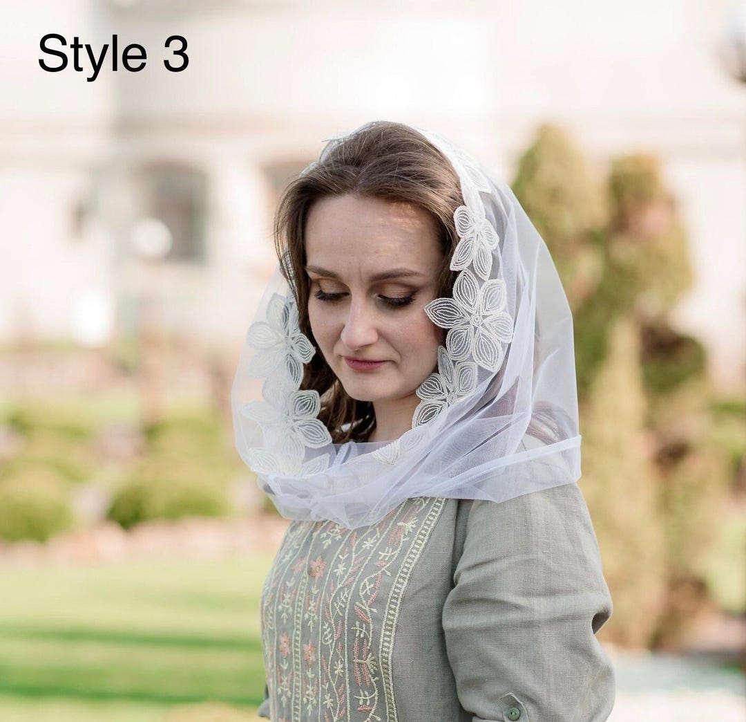 White Chapel Veil Mantilla With Floral Lace, Sheer Church Headscarf ...
