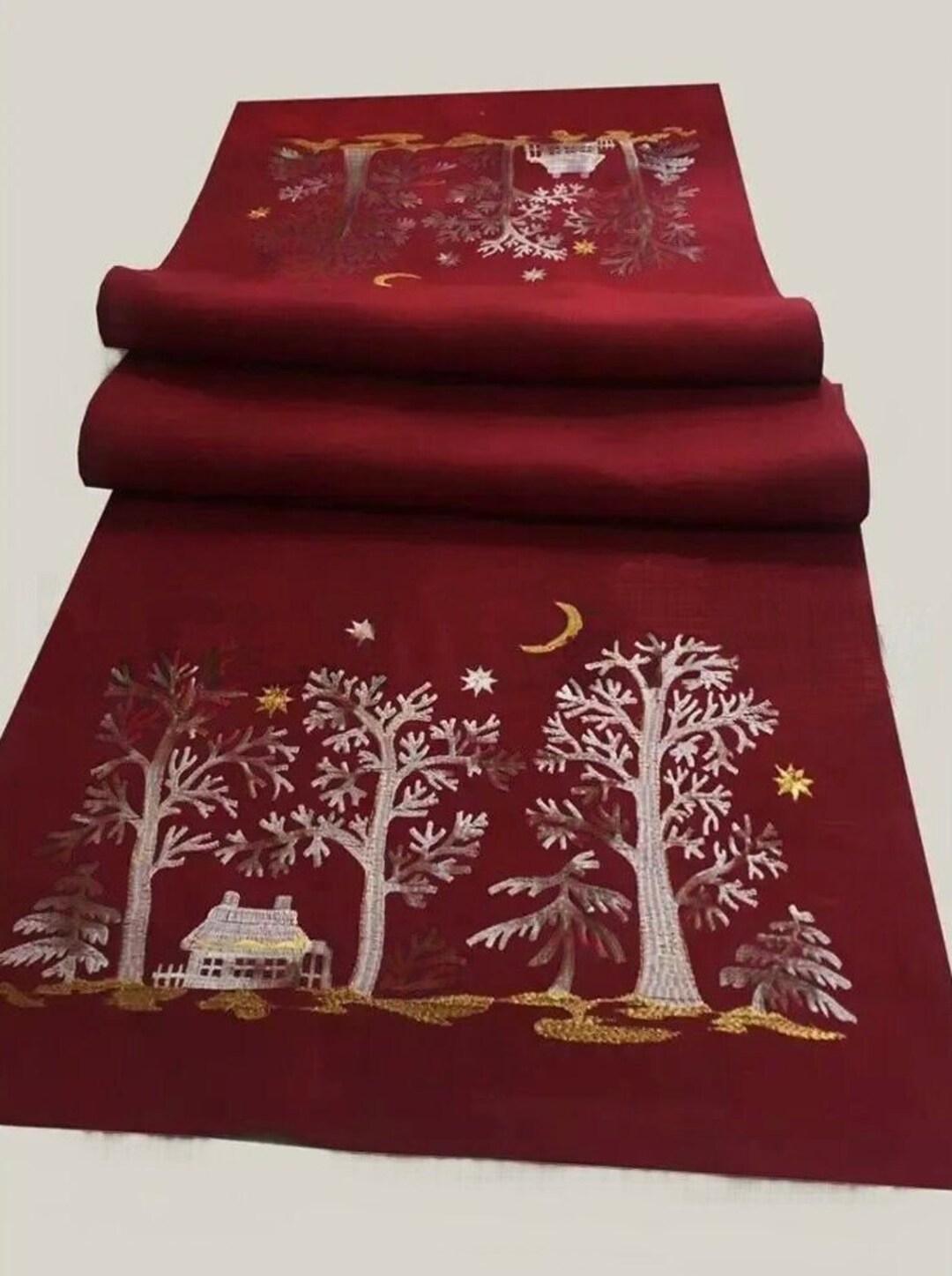Linen Red Embroidered Runner, Christmas Embroidered Runner, Christmas ...