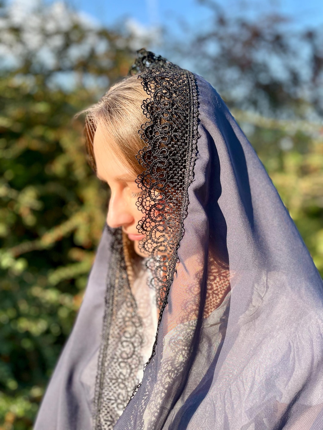 Navy Blue Catholic Veil, Veil With Black Lace, Chiffon Chapel Veil for ...