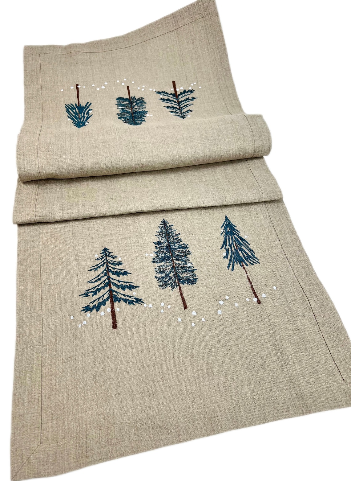 Embroidered Winter Table Runner, Christmas Table Runner With Pine Tree in Snow, Holiday Beige ...