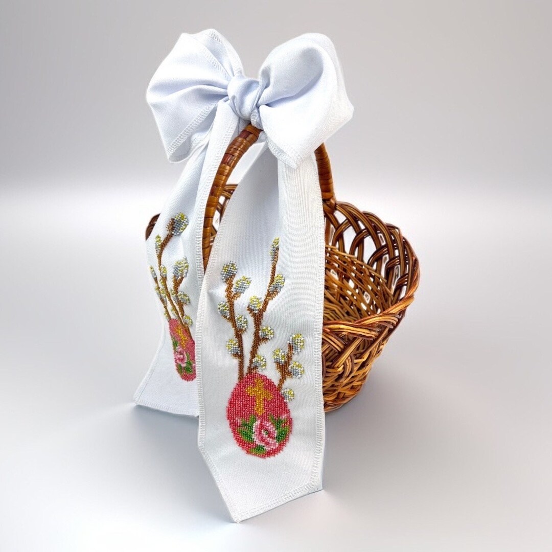 Beaded Easter Bow, Embroidered Easter Egg and Willow, Linen Bow ...
