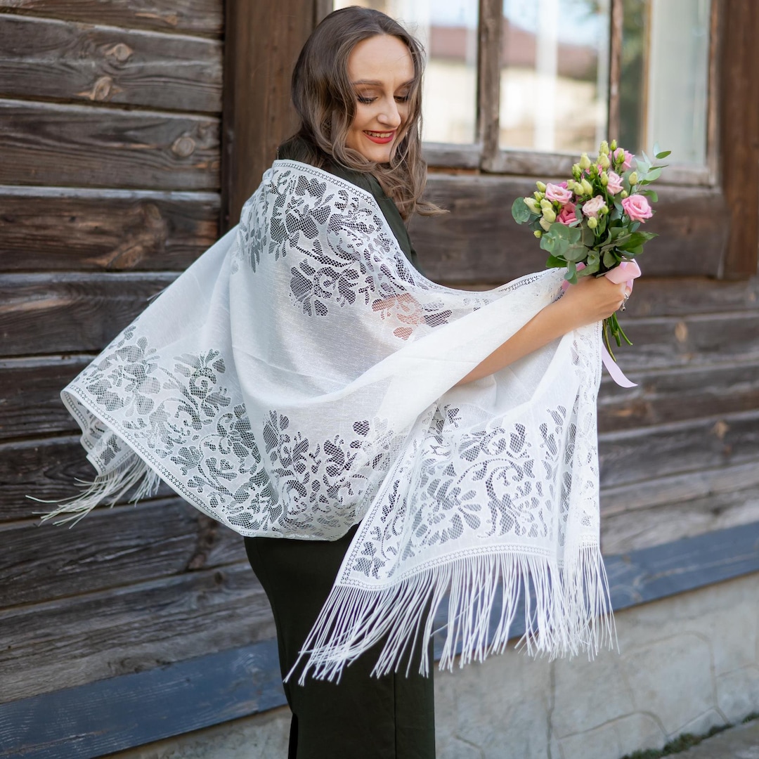 Elegant White Lace Shawl With Fringe, Lightweight Floral Patterned Wrap ...