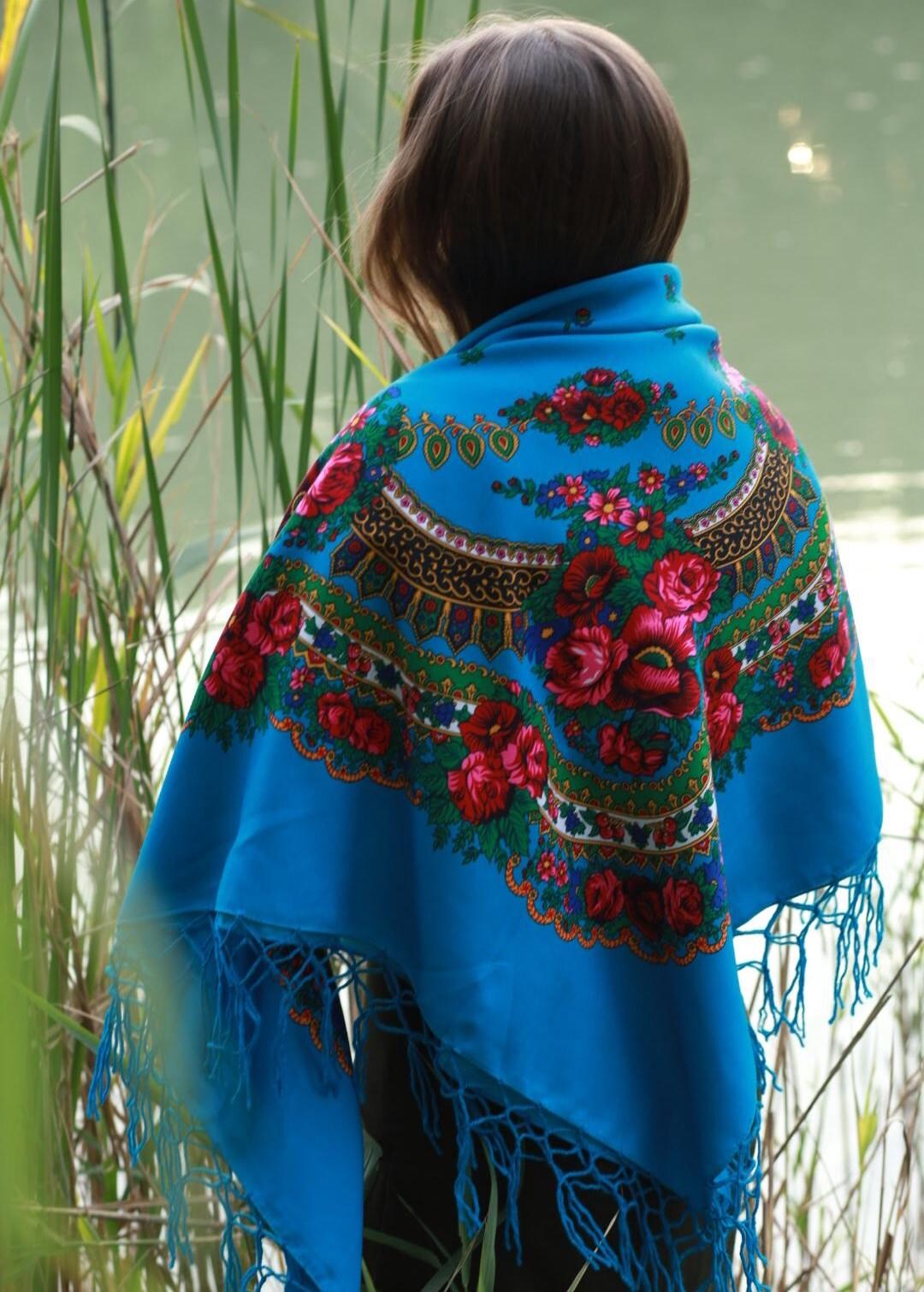 Bright Blue Floral Folk Head Scarf Shawl With Fringe, Slavic Babushka ...
