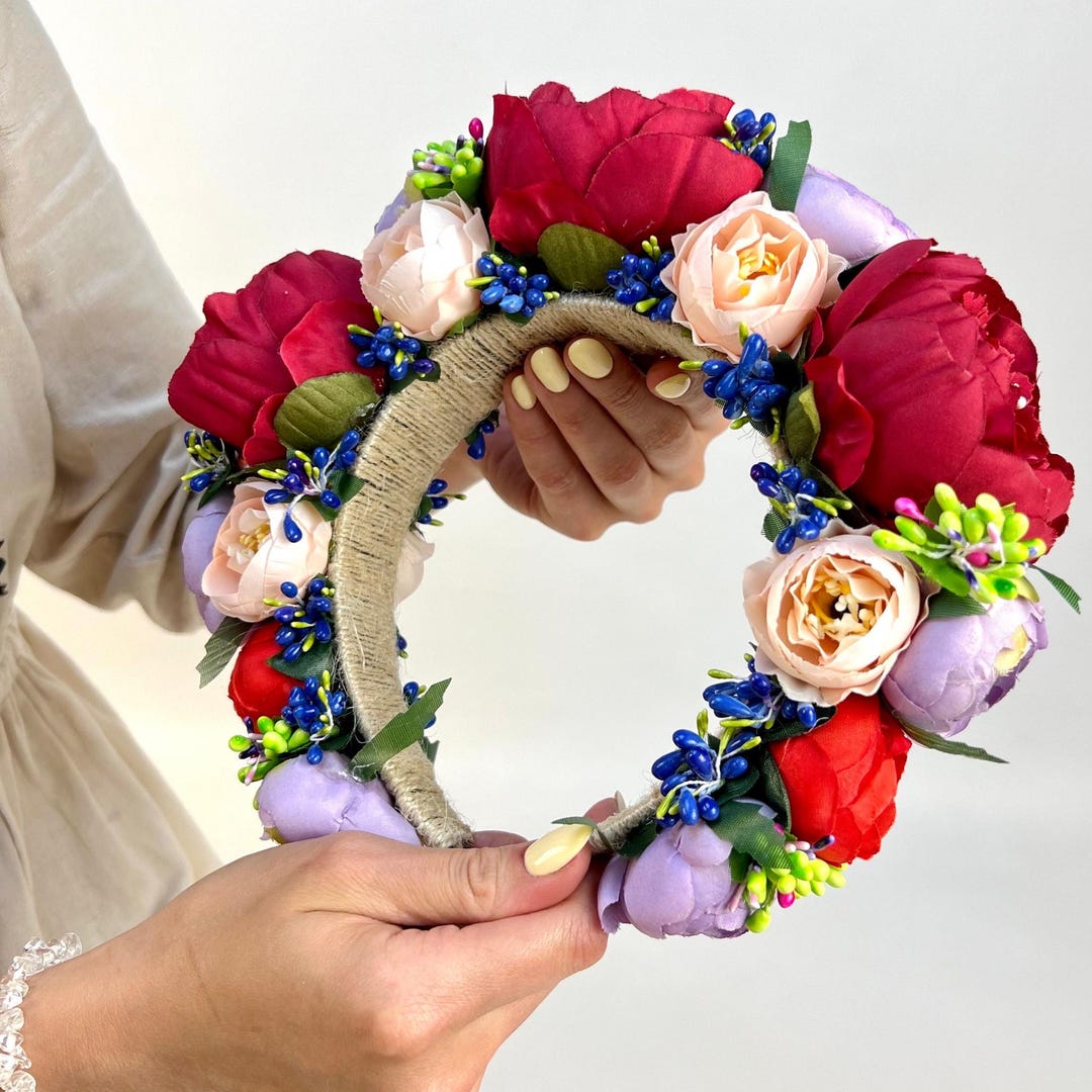 Colorful Floral Head Wreath With Fabric Flowers, Handmade Folk Style ...