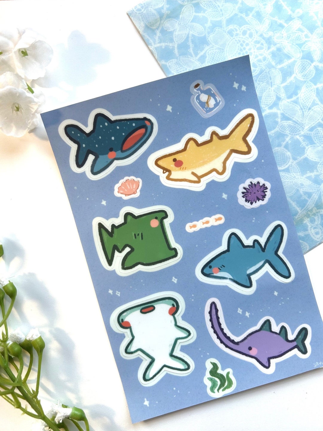 Kawaii Shark Sticker Sheet - Cute Whale Shark Sticker Pack - Hammerhead ...