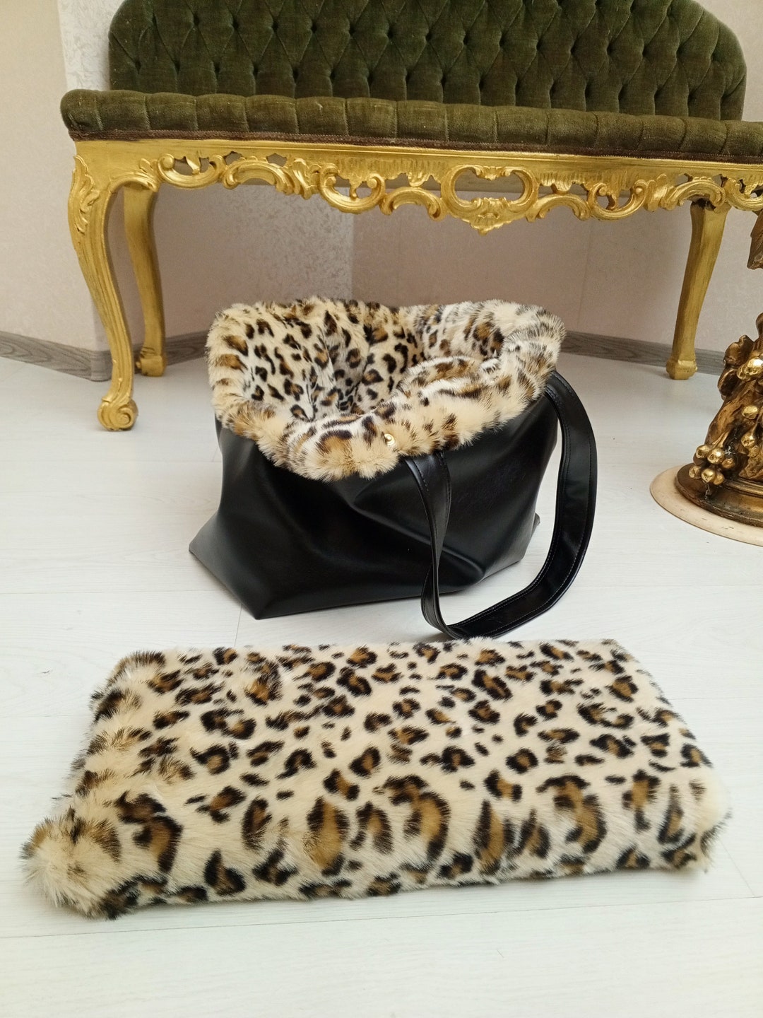 Carrying Bag for Dogs With Leopard Fur Puppy Carrier With Fur Fur Bag ...