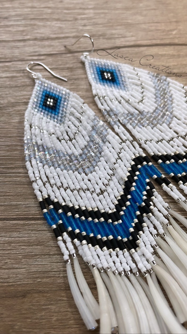 Beadwork Earrings With Dentalium Shell Fringe. Shiny Beaded Jewelry ...