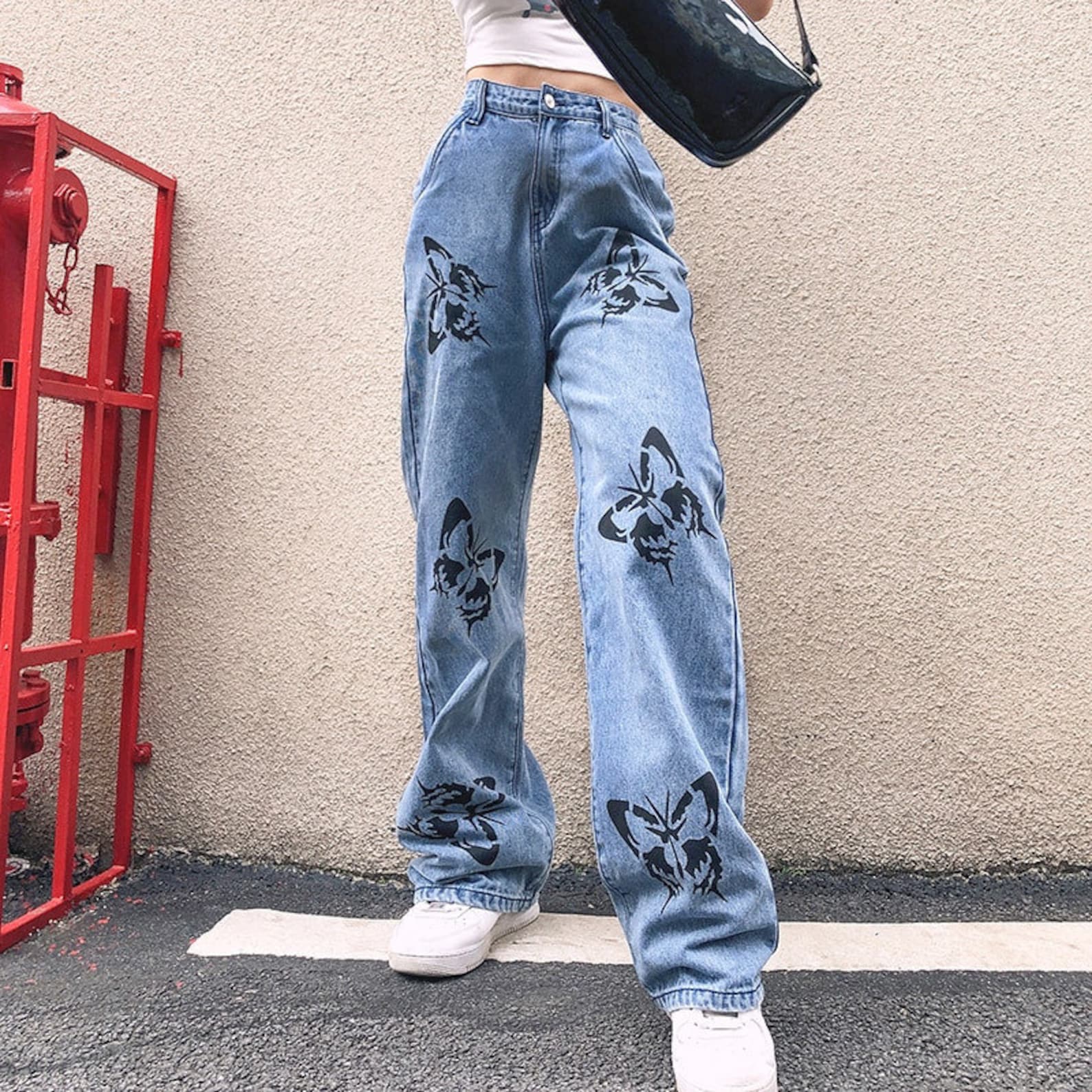 Butterfly Print High Waisted Baggy Jeans Y2k Preppy Style Etsy