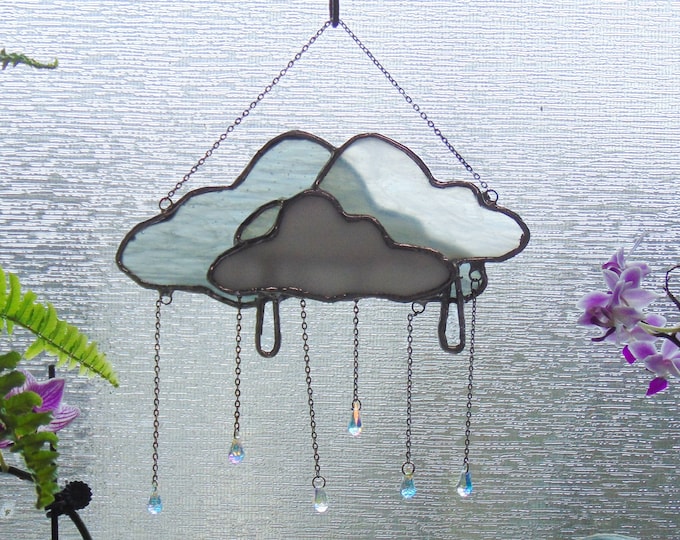 Stormy Little Rain Clouds Stained Glass Suncatcher With Rainbow Shower ...
