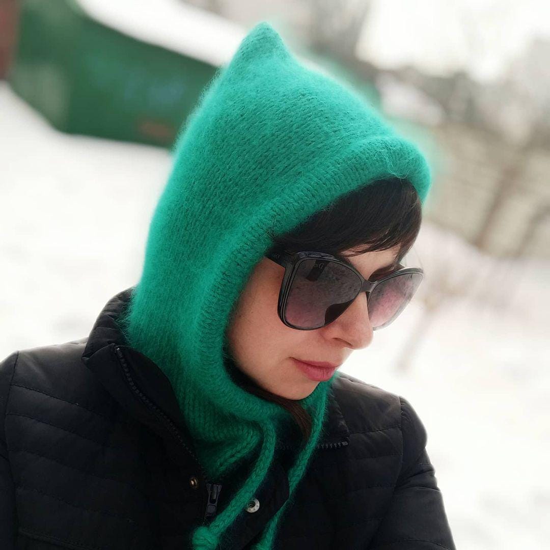 Handmade Green Angora Hood Scarf, Soft Knit Balaclava, Cozy Winter Cowl ...