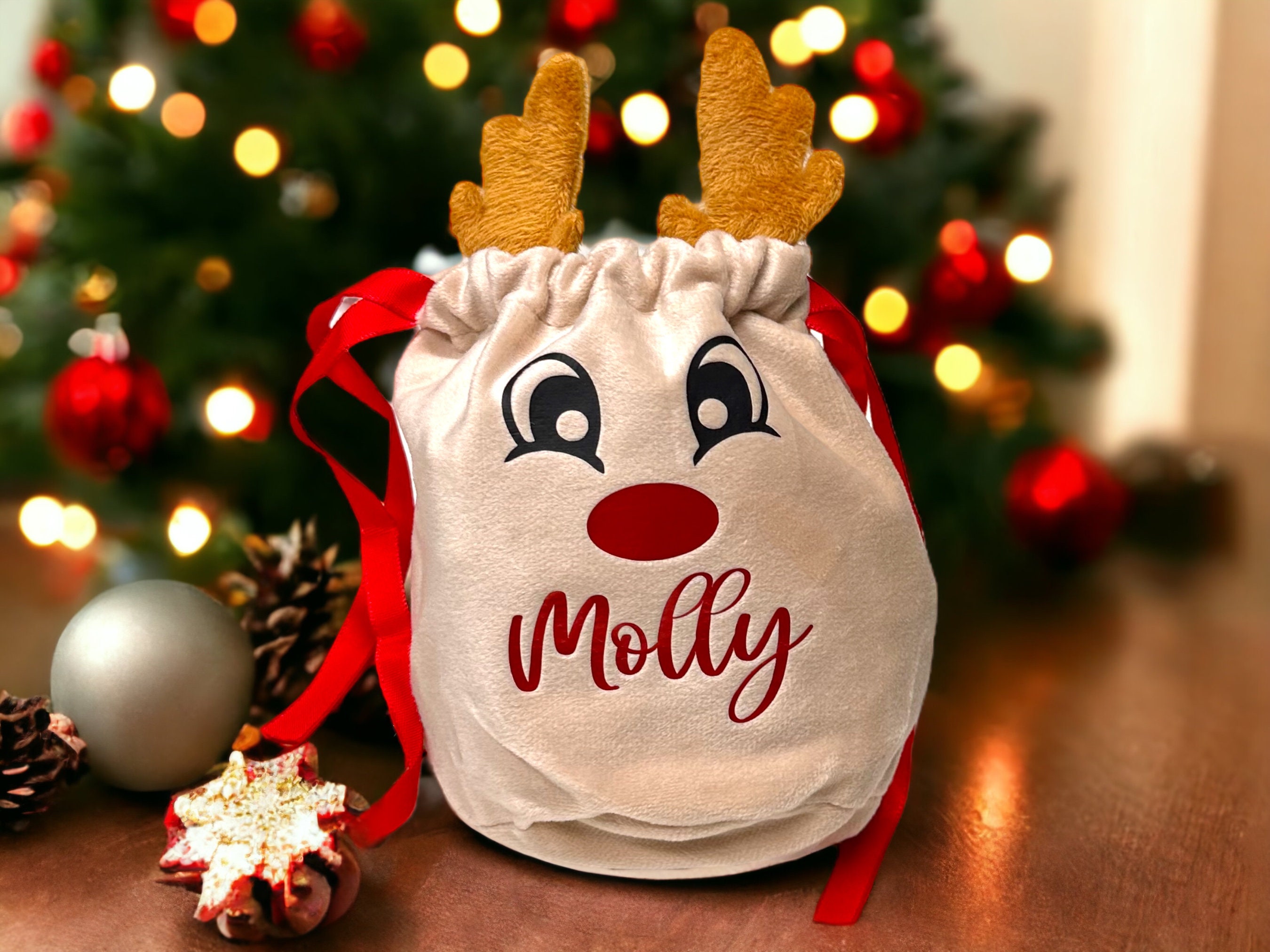 Christmas Gift Bag, Velvet Reindeer Pouch Bag, Personalised Christmas ...