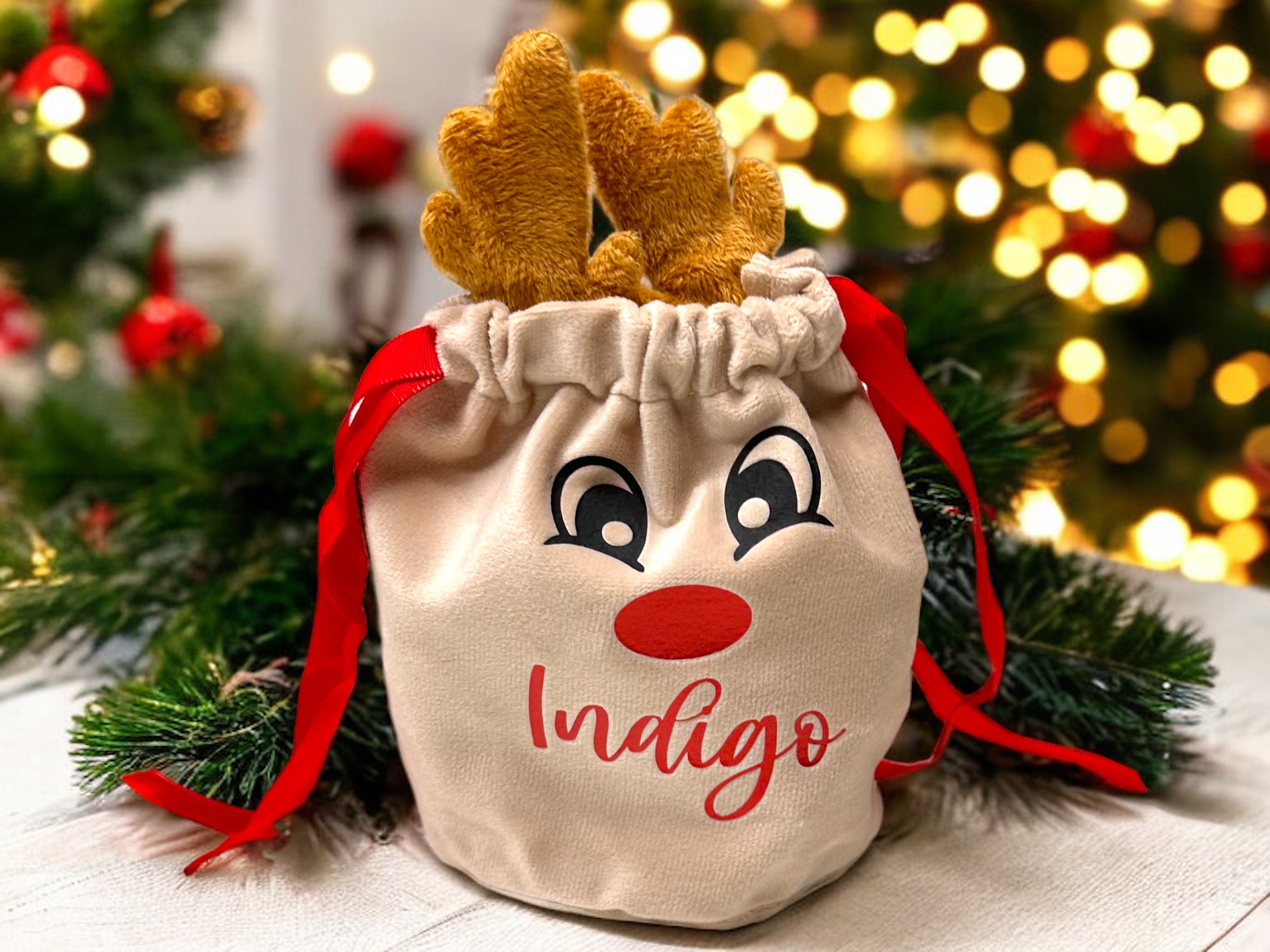 Christmas Gift Bag, Velvet Reindeer Pouch Bag, Personalised Christmas ...
