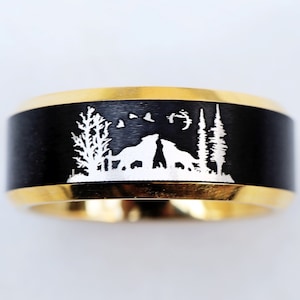 Wolves Wedding Band, Howling Wolf Ring, Wolf Wedding Ring, Wolf Promise Ring, Wolf Nature Ring ...