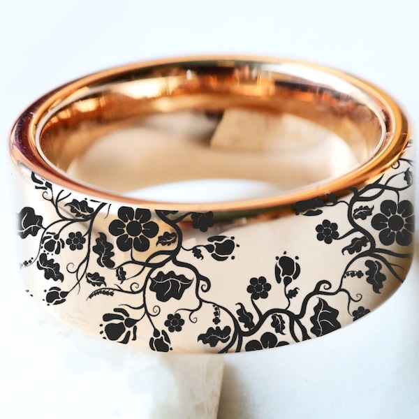 Engraved Flower Wedding Ring - Etsy