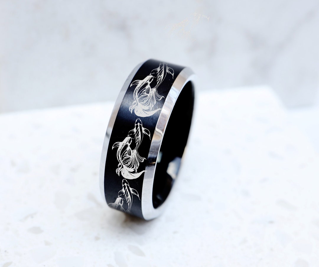 Koi Fish Wedding Ring, Koi Fish Swimming Engraved Wedding Band, Koi ...