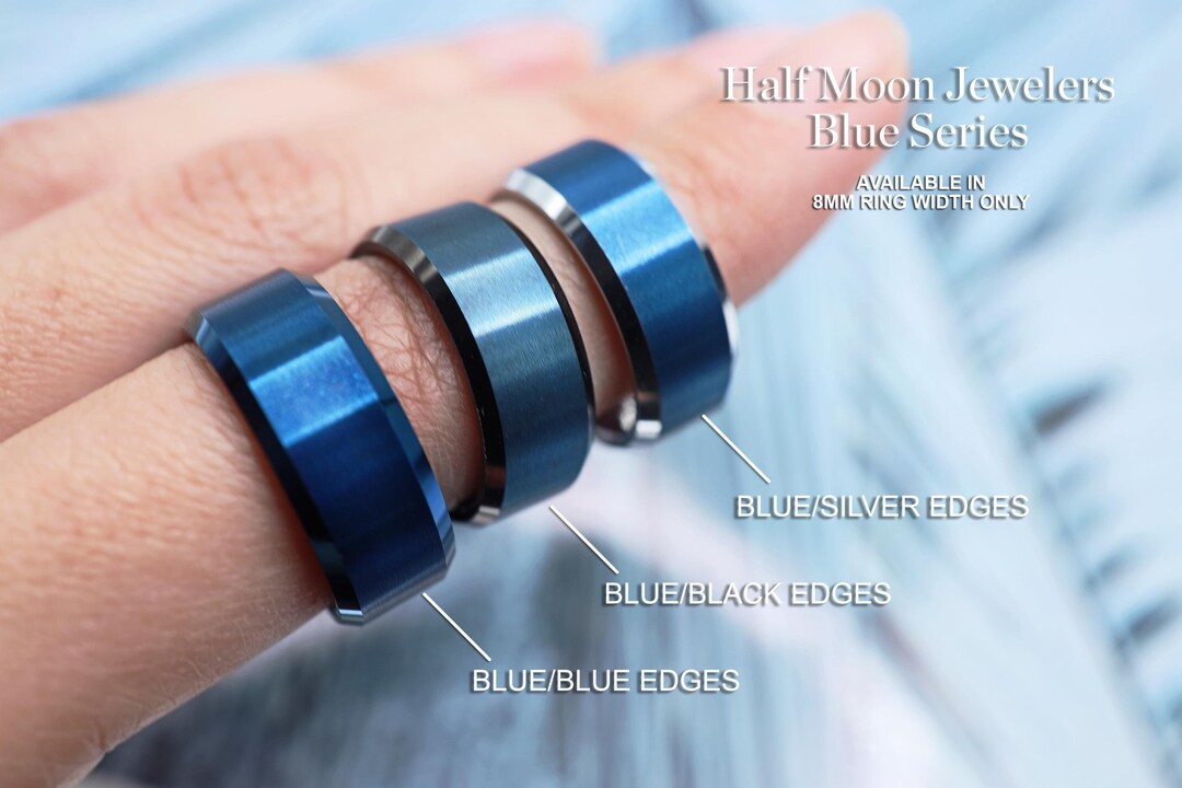 Men's Tungsten Blue Silver Wedding Band, All Blue Wedding Ring, Unique ...
