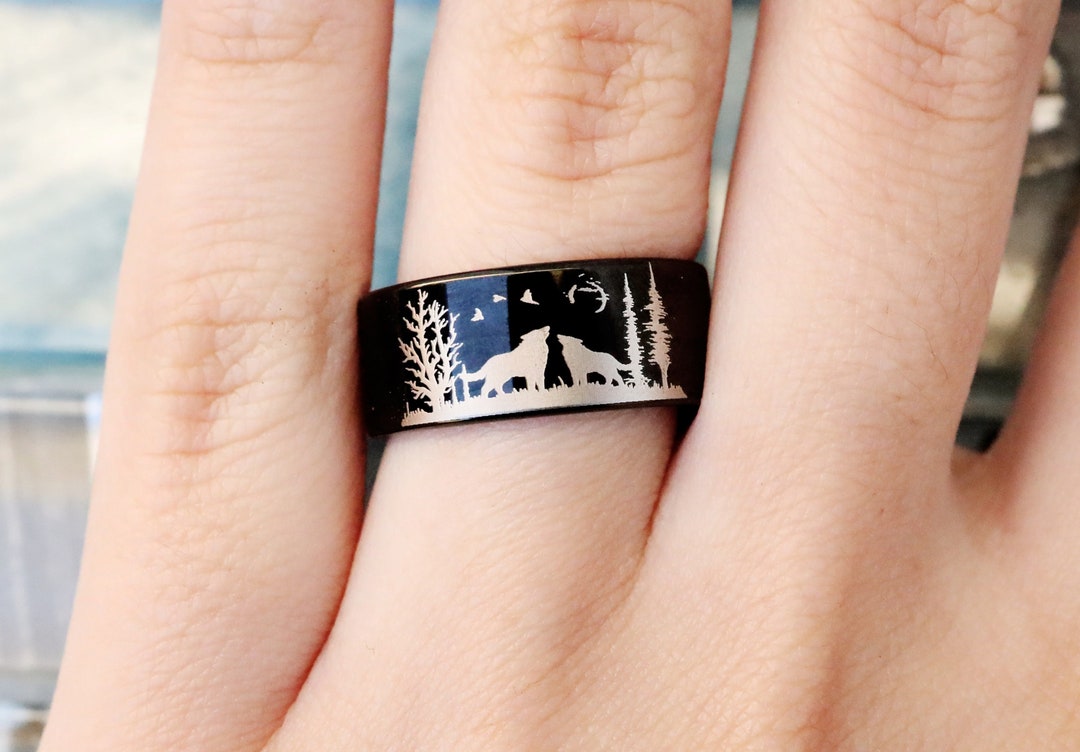 Howling Wolves Wedding Rings, Wolf Promise Ring, Howling Wolf Ring ...