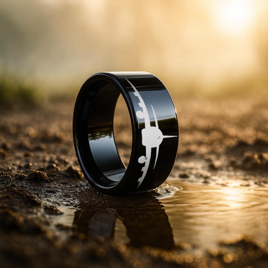 Black Airplane Engraved Wedding Band, Traveler Engagement Ring, Solo ...