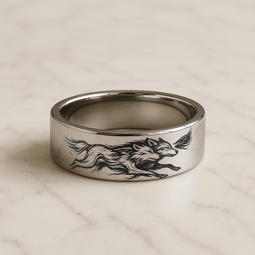Howling Wolves Engagement Ring, Running Wolves Wedding Band, Wolf Couple Ring, Wolf Wedding Ring ...
